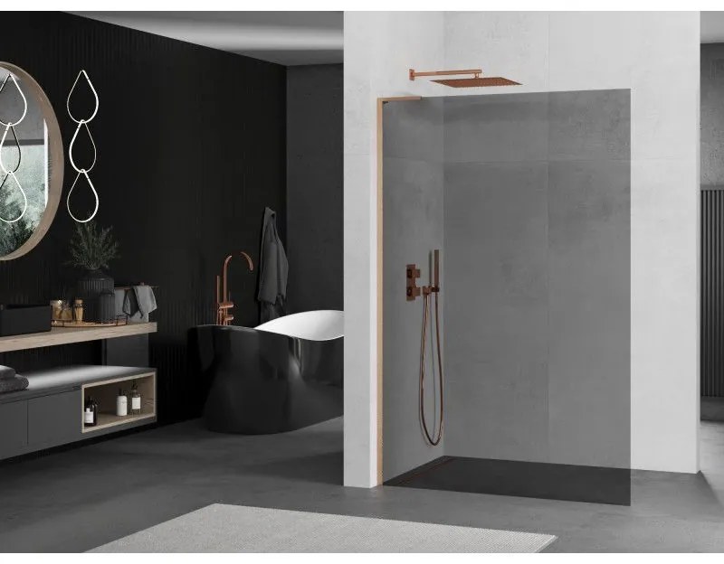 Mexen Kioto L, sprchová zástěna Walk-In 110 x 200 cm, 8mm šedé sklo, měděný matný profil, 800-110-103-65-40
