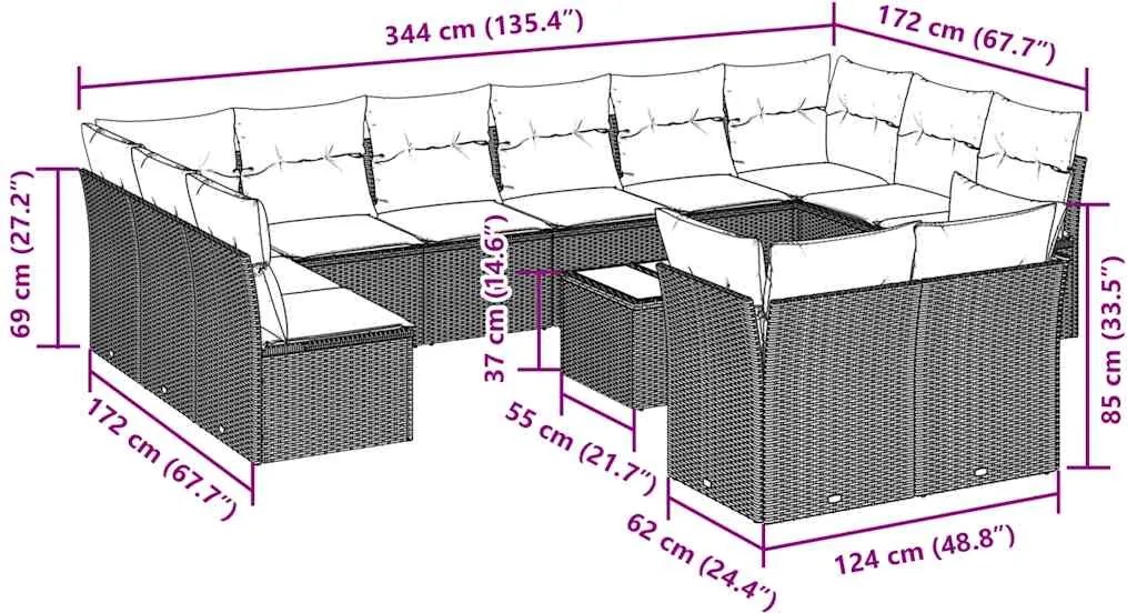 13dílná zahradní sedací souprava podušky světle šedá polyratan 3218442