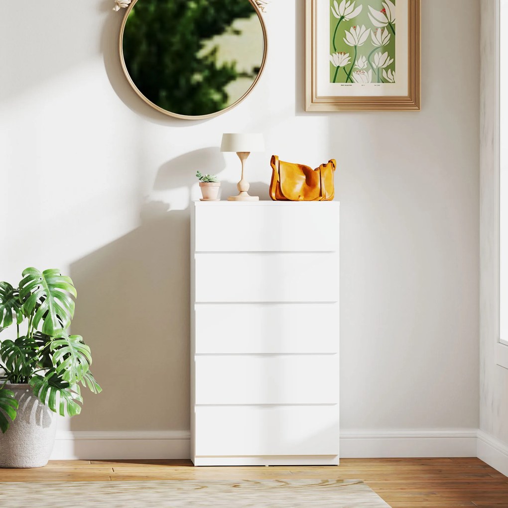 HOMCOM Komoda s 5 Zásuvkami, Moderní Skříň na Oblečení pro Obývací Pokoj, Ložnici a Chodbu, Bílá, 55 x 34 x 100 cm