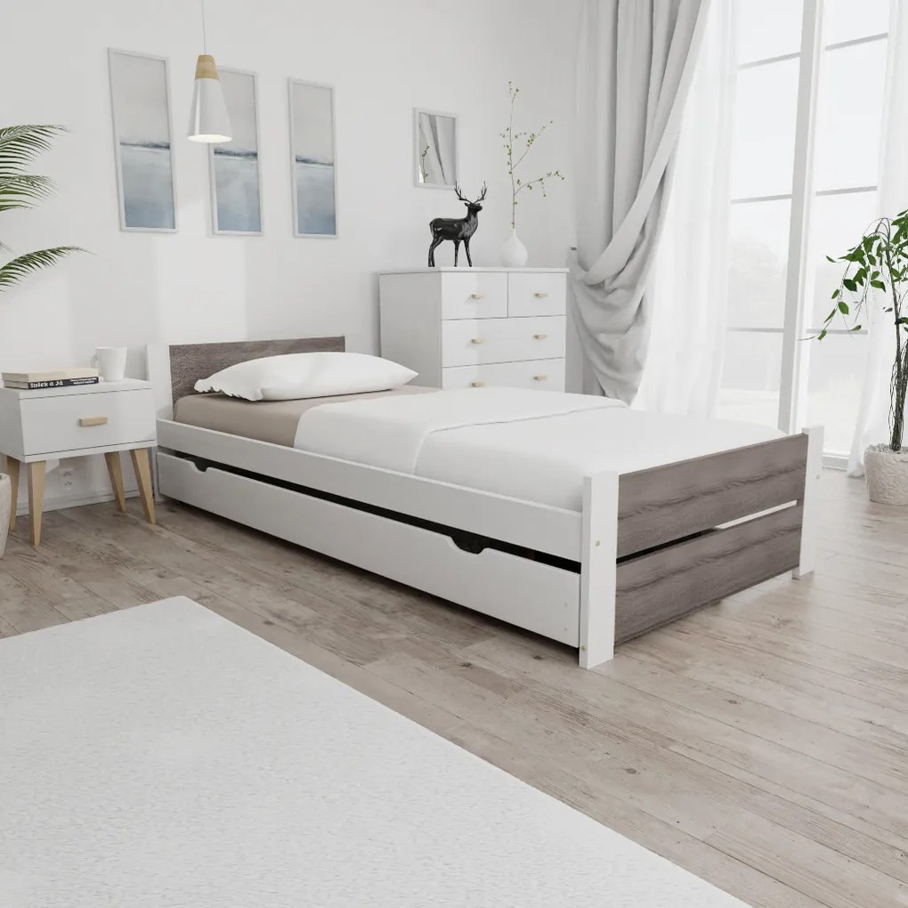 Postel IKAROS DOUBLE 80 x 200 cm, bílá/dub lanýž Matrace: Matrace Deluxe 10 cm, Rošt: Bez roštu