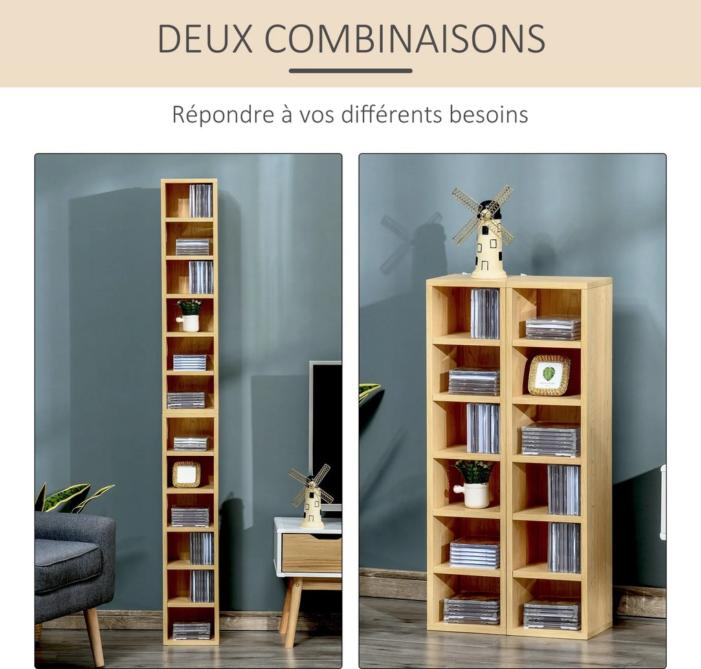 HOMCOM Sada 2 sloupových polic pro skladování CD-DVD, 6 + 6 oddílů, rozměry 21D x 19Š x 88V cm, maximální kapacita 160 CD, barva buku | Aosom