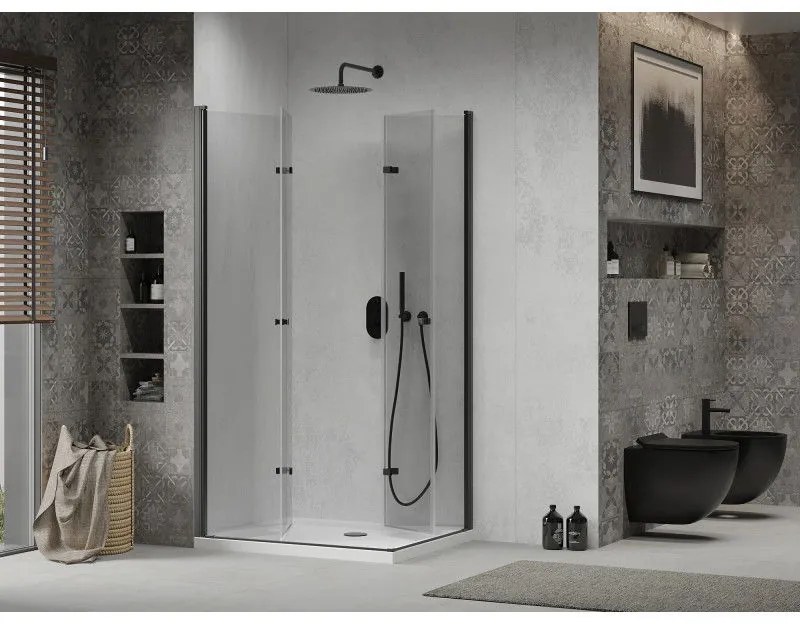 Mexen Lima Duo, sprchový kout s 2-křídlými skládacími dveřmi 90 (dveře) x 80 (dveře) cm, 6mm čiré sklo, černý profil + slim sprchová vanička 5cm bílá s černým sifonem, 856-090-080-70-02