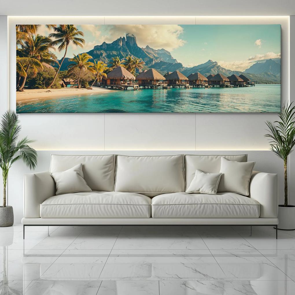Obraz na plátně - Bungalovy na písečné pláži FeelHappy.cz Velikost obrazu: 210 x 70 cm