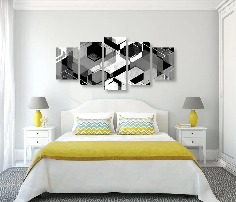 5-dílný obraz abstraktní geometrie v černobílém provedení - 200x100 cm