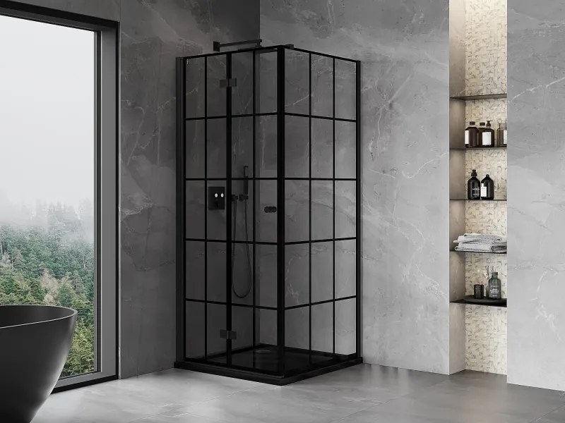 Mexen Mist-F T, 1-křídlý skládací sprchový kout levý 100 x 100 cm, čiré sklo-černá mřížka, 8A6T-100-100-70-77-L