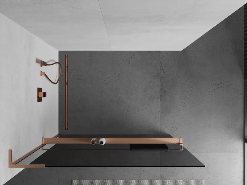 Mexen Kioto+ L, sprchová zástěna Walk-In s poličkou a věšákem 110 x 200 cm, 8mm šedé sklo, měděný matný profil, 800-110-123-65-40