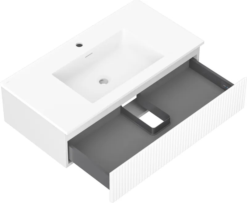 Mexen Rivel, koupelnová skříňka 90 cm s umyvadlem Otis, 1 zásuvka, drážkovaná, bílá matná, 91A20-09023-1-BF01-W18M01
