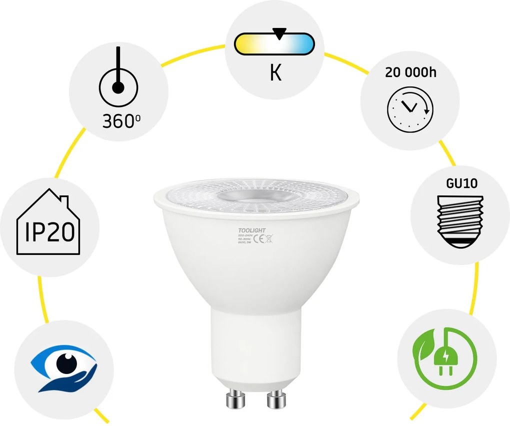 Toolight Toolight, LED žárovka GU10, 5W, 350lm, 3000K, teplá barva, RSL040, OSW-20022