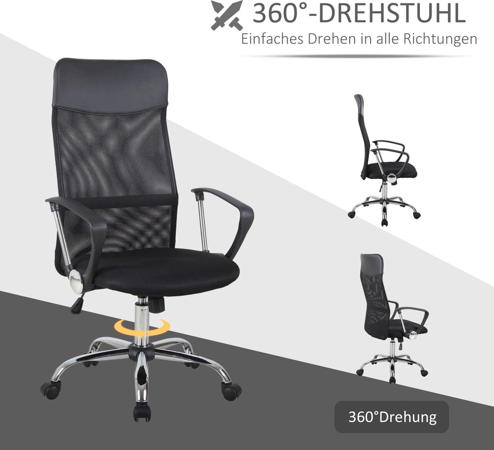 HOMCOM Ergonomická kancelářská židle, herní židle, otočná židle s houpací funkcí, výškově nastavitelné pracovní křeslo, pěna, síťovina, černá, 63 x 6…
