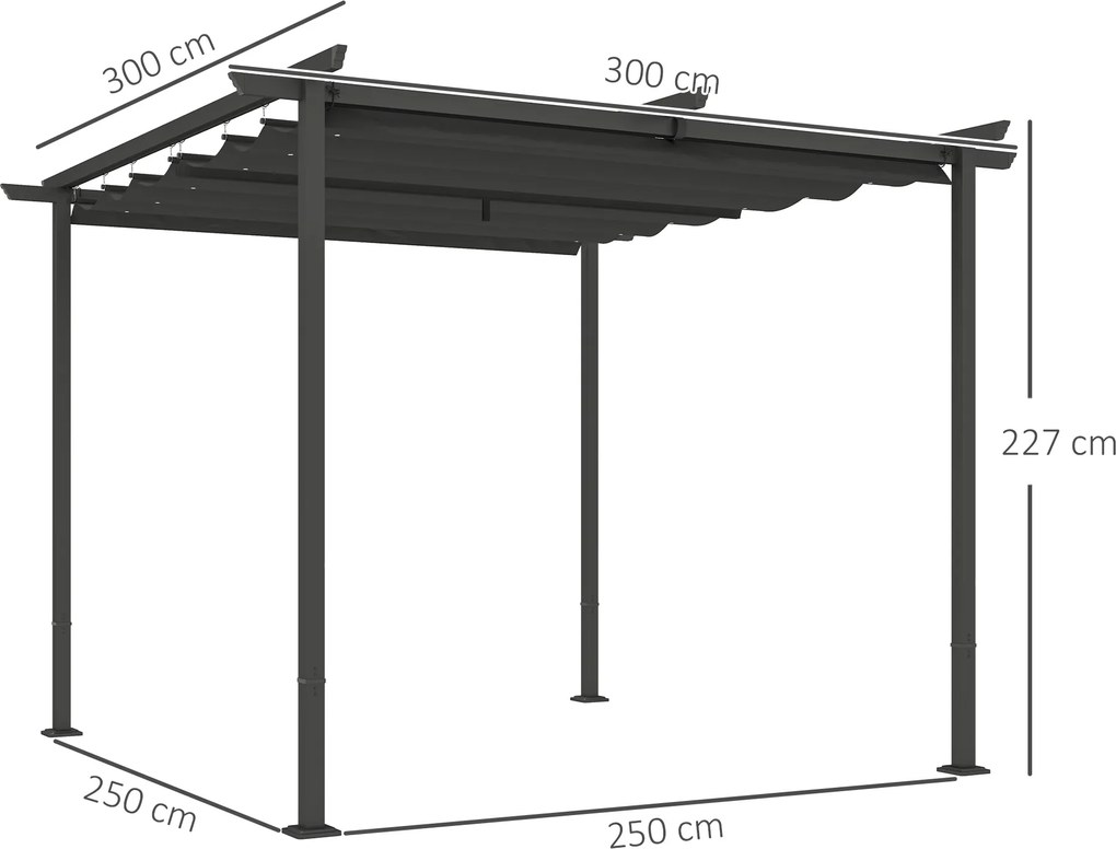 zahradní pergola 3 x 3 m s nastavitelnou střechou, kovový rám, ochrana UPF30+, sluneční stříška na verandu, terasu, tmavě šedá barva