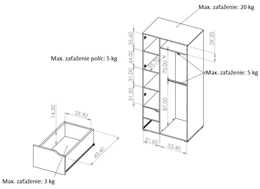 Šatní skříň Iweta SZ2D (grafit + bílá matná + dub artisan). 1051771