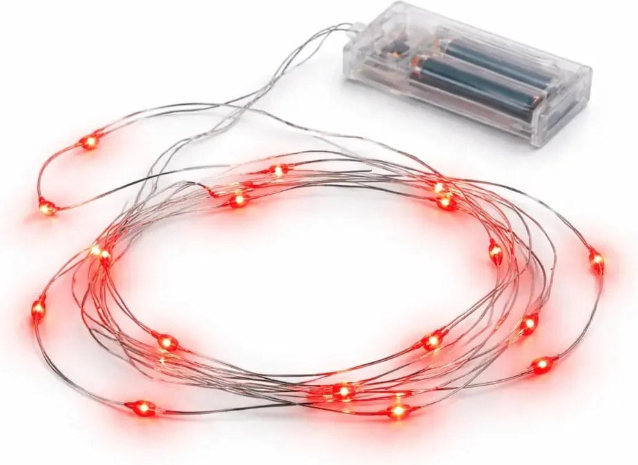LED světýlka na baterie, kapičky, 2,30 m, červená, 20 diod, drátek, IP20 interiér, 3 × AA