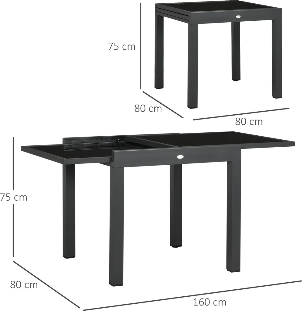 Rozkládací zahradní stůl Outsunny z hliníku s obdélníkovým tvarem a tvrzeným sklem pro 4-6 osob, nosnost 50 kg, rozměry 80-160x80x75 cm, černý