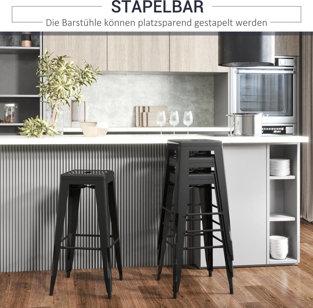 HOMCOM Set 4 stohovatelných barových židlí s opěrkou nohou, výška sedáku 76 cm, černý kov