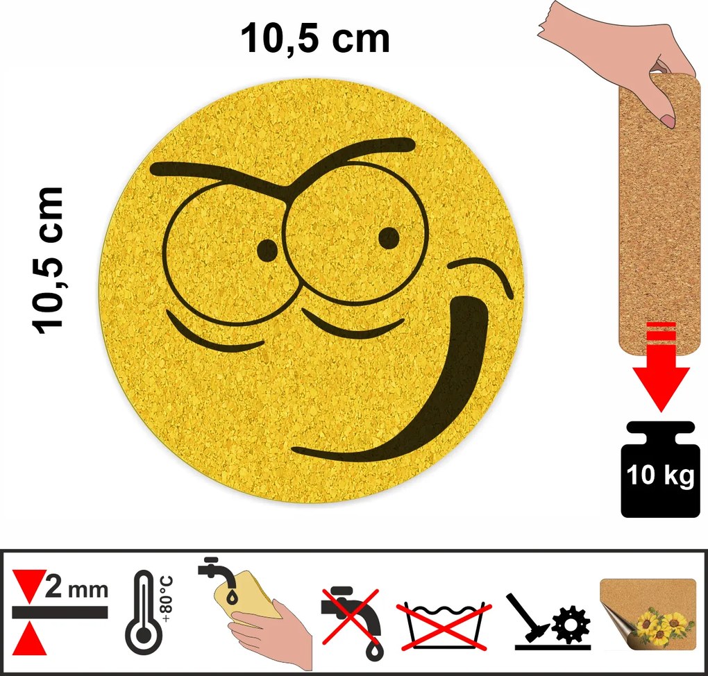 PokojovaDekorace.cz, Korkové podtácky s potiskem – 564, Smajlík, průměr 10,5cm, 1 ks