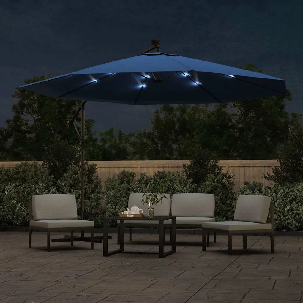 Boční zahradní slunečník s LED osvětlením azurově modrý 350 cm 313785