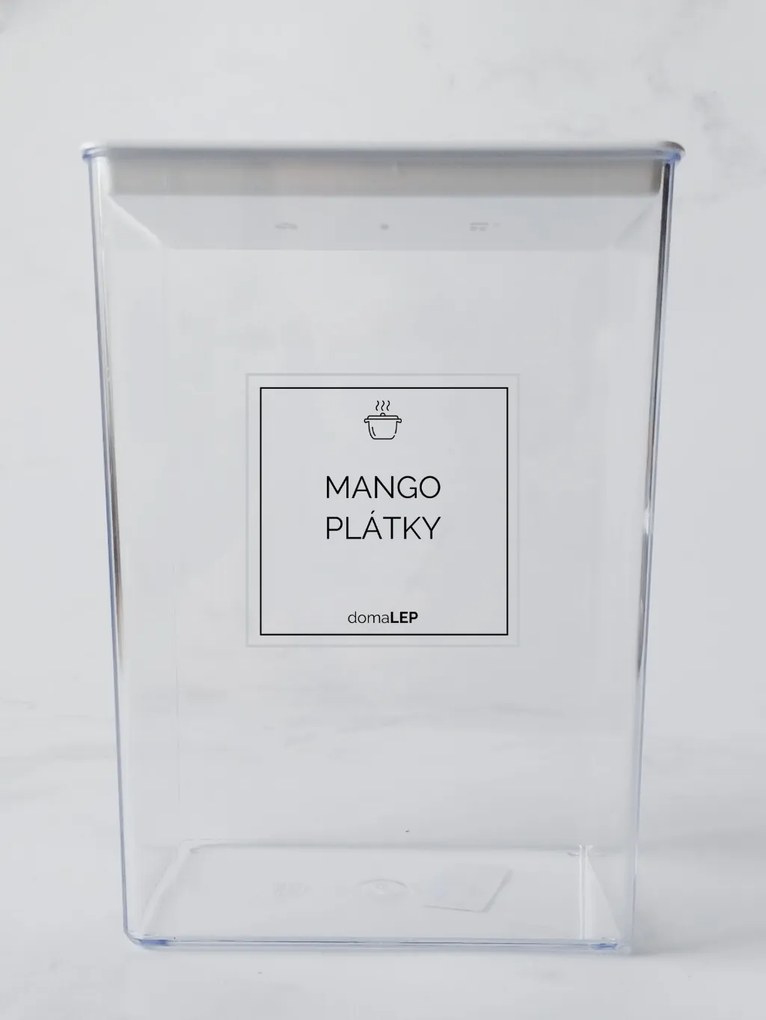 MANGO PLÁTKY – průhledná samolepka na dózu, základní písmo, 5 x 5 cm | DomaLEP