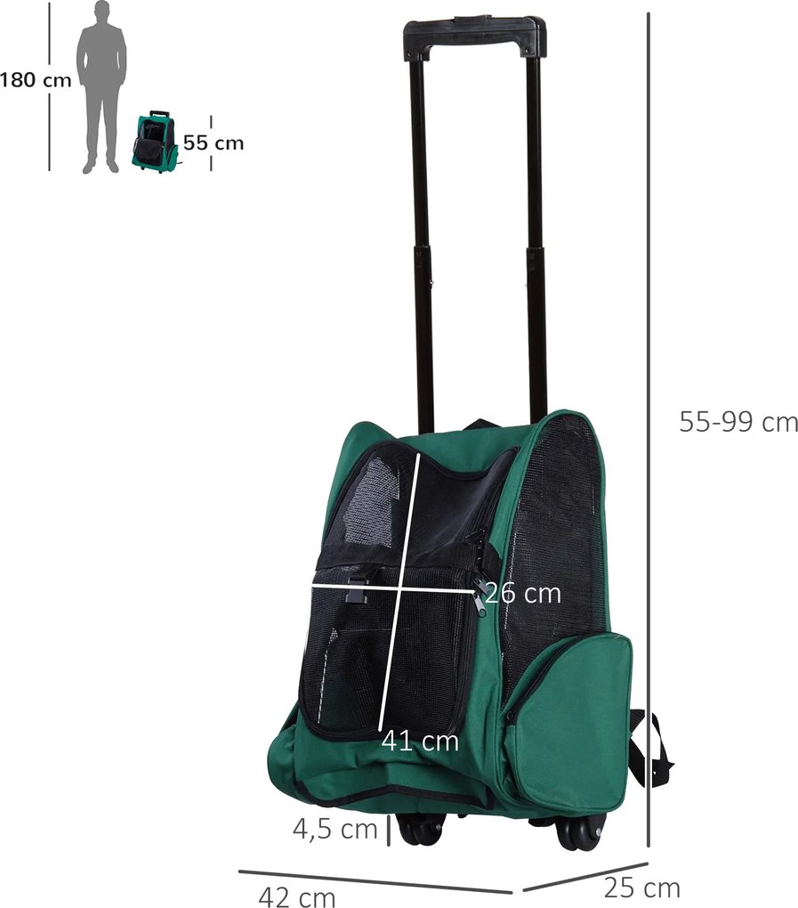 PawHut 2v1 nosič pro domácí mazlíčky - batoh nebo vozík na cestování pro psy a kočky s 2 koly, sklopná hliníková rukojeť a kapsy 42x25x55 cm Zelená