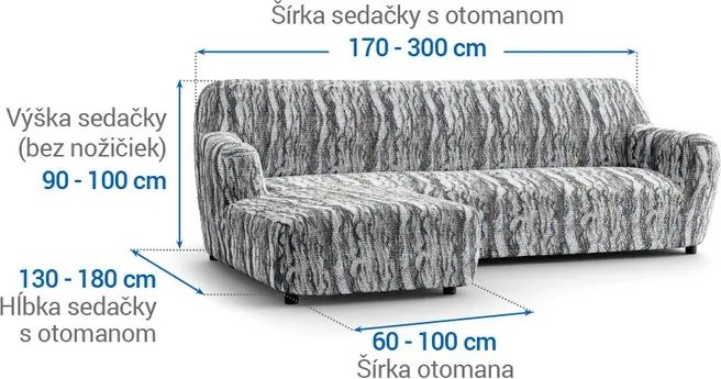Bielastické potahy OCEANO NOVÉ šedo-modré sedačka s otomanem vlevo (š. 170 - 300 cm)