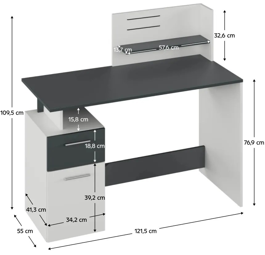 Kondela PC stůl, bílá/grafit, PLATON NEW