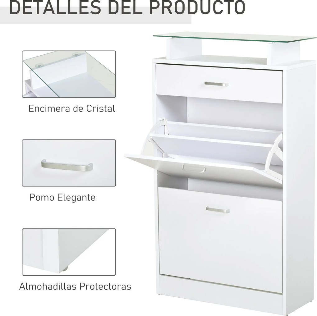 HOMCOM Botník s 3 šuplíky, skleněnou policí a hliníkovými úchyty pro předsíň, nosnost 50 kg, 60x24x105,5 cm, bílý