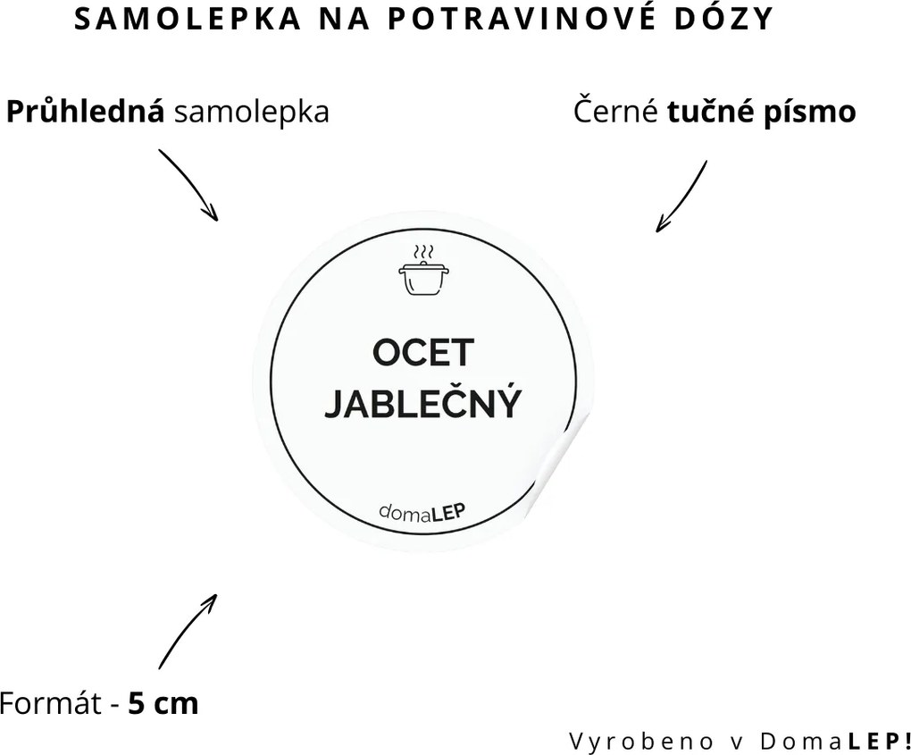 OCET JABLEČNÝ - omyvatelná samolepka na dózu, výběr rozměrů Ø 5 cm / 5 x 5 cm / 6 x 8 cm | DomaLEP tvar: ČTVEREC, barva: PRŮHLEDNÁ - ČERNÉ písmo, velikost: š. 5 cm x v. 5 cm - základní písmo