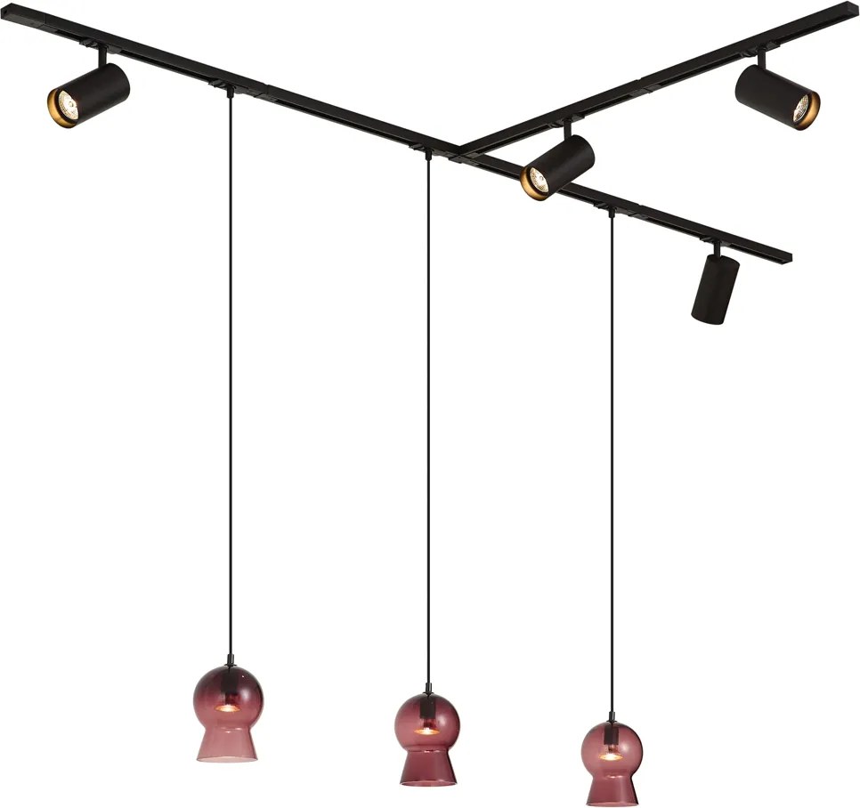 Moderní černý kolejnicový systém se 4 bodovými světly a 3 fialovými závěsnými svítidly 1-fázový - Iconic Bell Jeana Luxe