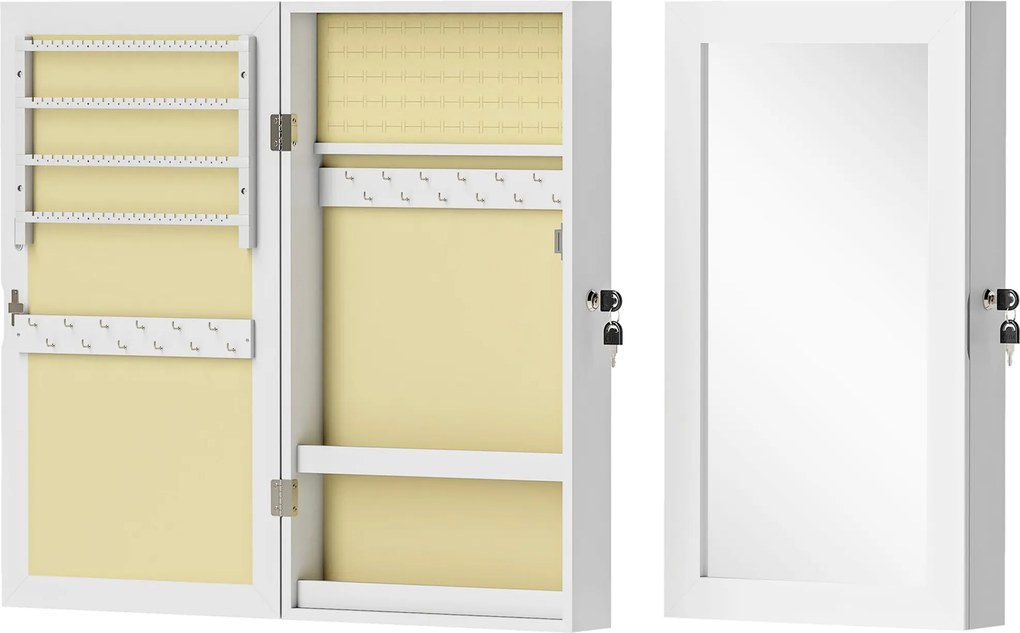 HOMCOM Zrcadlový šperkový kabinet na zeď, Šperková skříň s uzamčením, Zrcadlo v MDF pro ložnici a obývací pokoj, 36,5 x 9,5 x 67 cm, Bílá