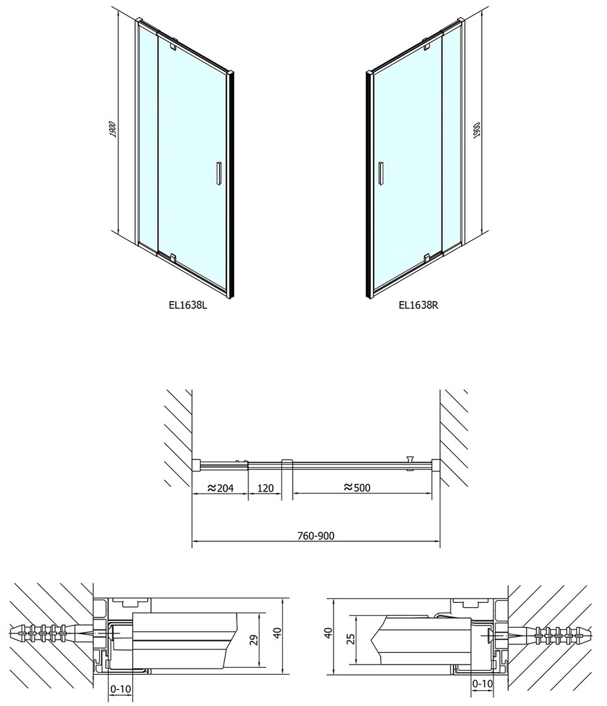 Polysan EASY LINE sprchové dveře otočné 760-900mm, sklo Brick EL1638