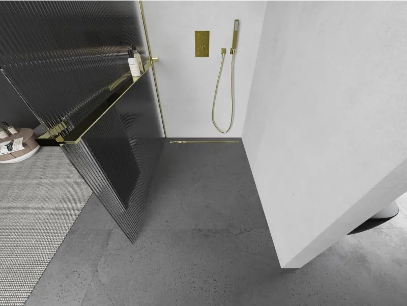 Mexen Kioto+ L, sprchová zástěna Walk-In s poličkou a věšákem 100 x 200 cm, 8mm sklo s žebrovým vzorem, zlatý lesklý profil, 800-100-123-50-09