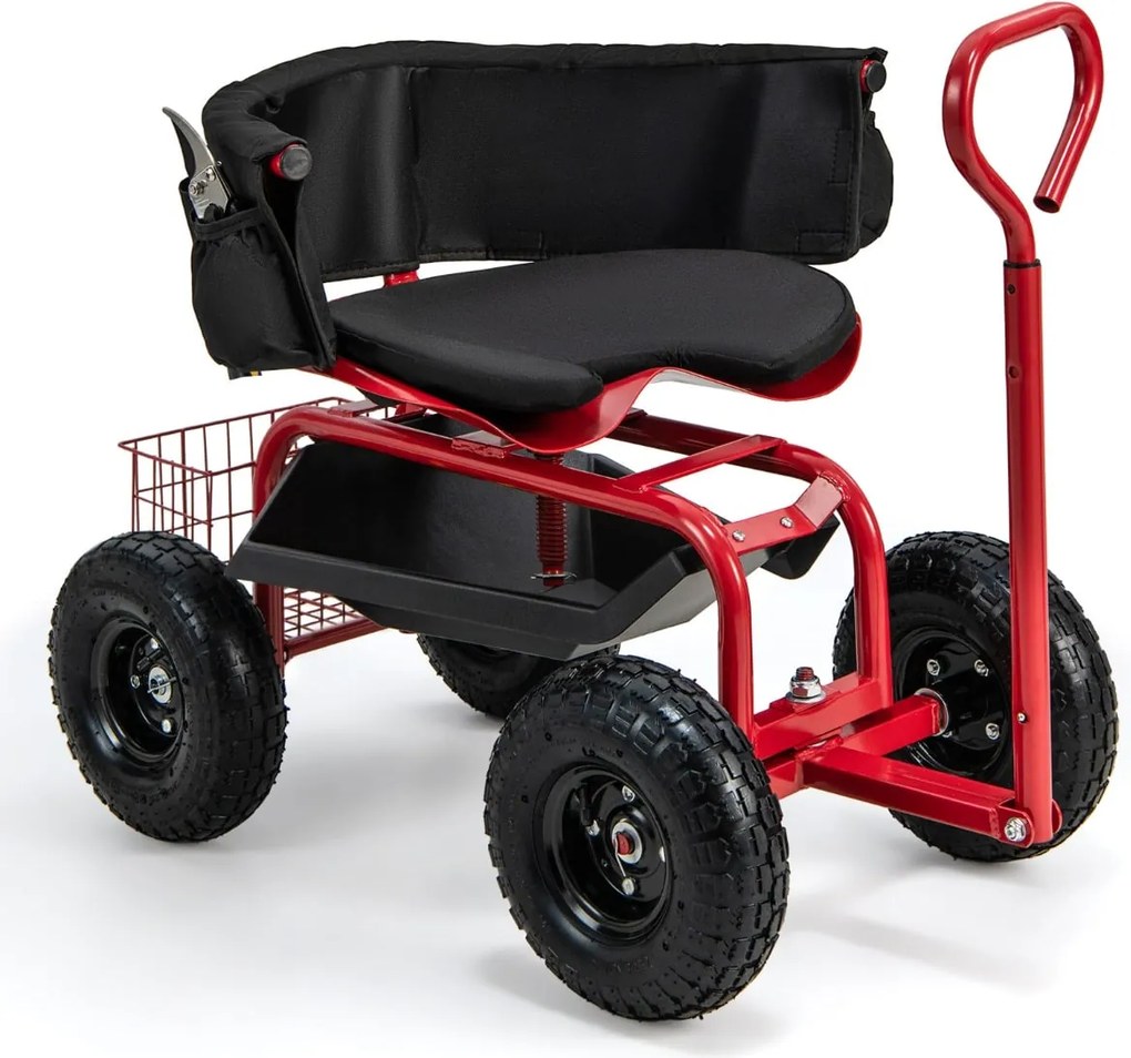 Costway Mobile Gardening Seat Zahradní vozík Řiditelný vozík na nářadí s úložným