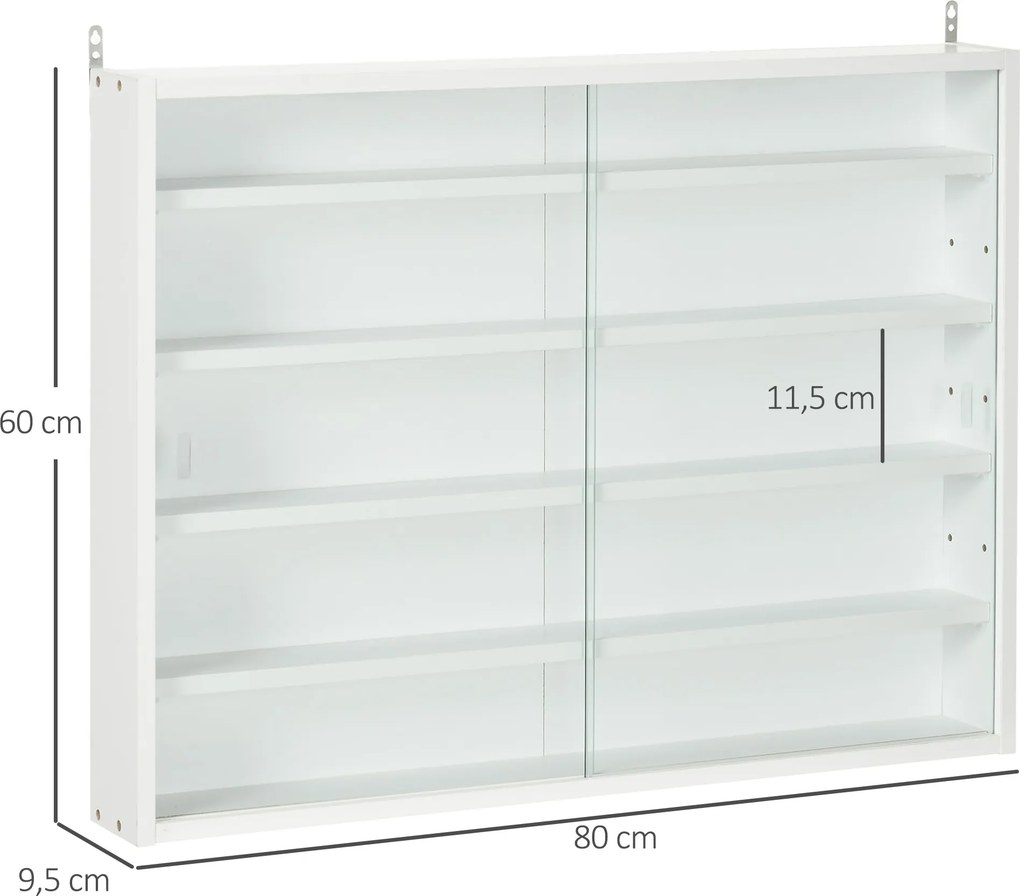 HOMCOM Nástěnná vitrína s nastavitelnými policemi a 2 posuvnými skleněnými dveřmi na kolekce parfémů a dekorativních figurín 80x9,5x60 cm Bílá