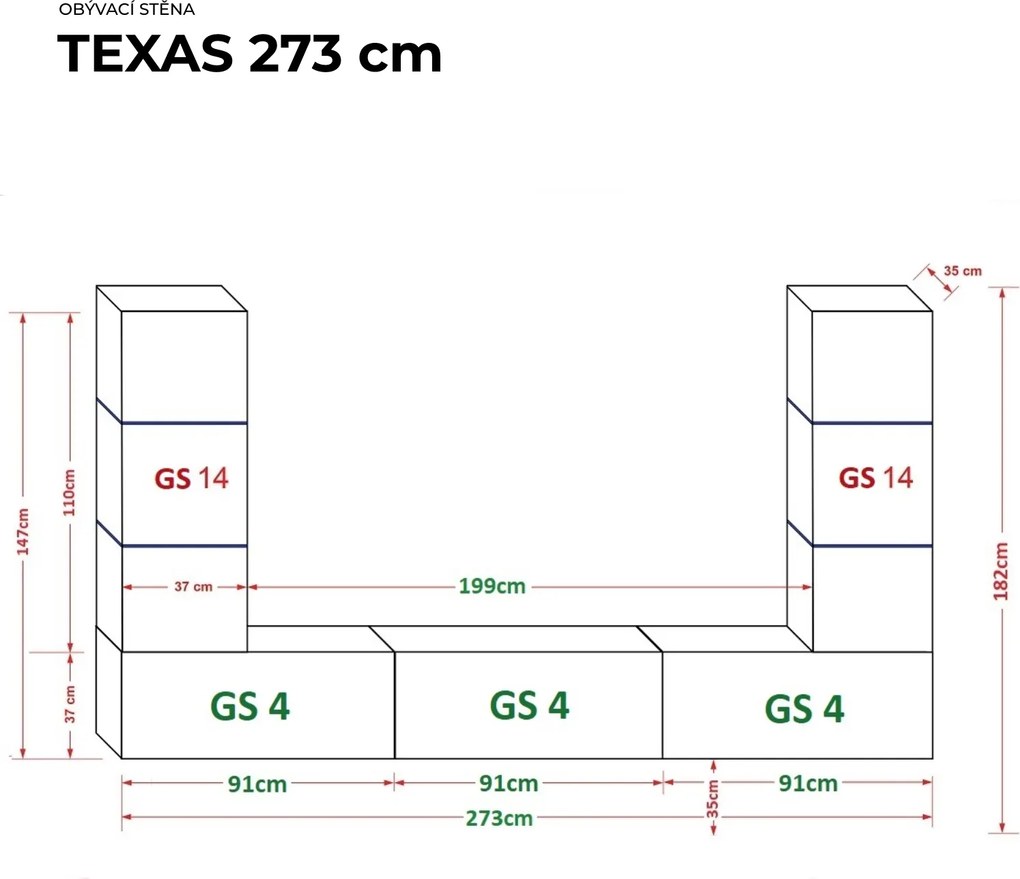 Ral Obývací stěna TEXAS 4, 273 cm - Bílý lesk