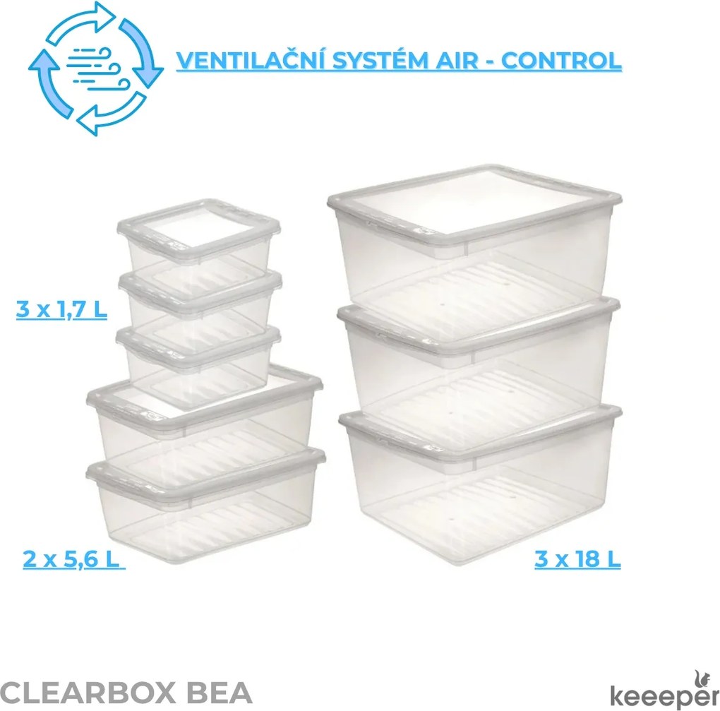 Keeeper Sada 8 úložných boxů s víkem (má 2 funkce) BEA Clearbox (3 x 1,7L, 2 x 5,5L, 3 x 18L)