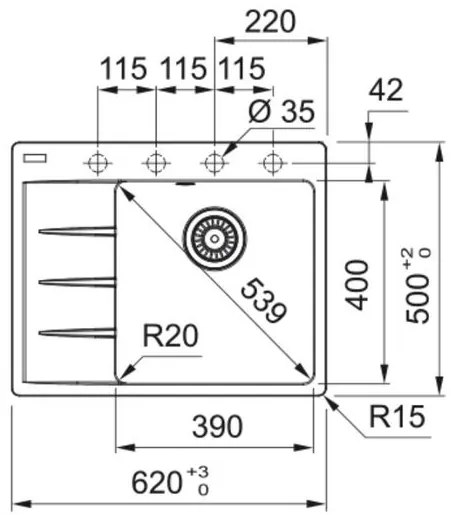 Franke Centro CNG 611-62 TL/2 Granitový dřez s odkapem vpravo, 62x50cm, šedý kámen, 114.0637.502