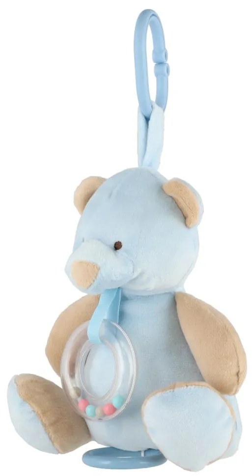 Teddies Medvěd plyš 18cm závěs na postýlku/kočárek nat. hrací strojek modrý na kartě v sáčku 0+