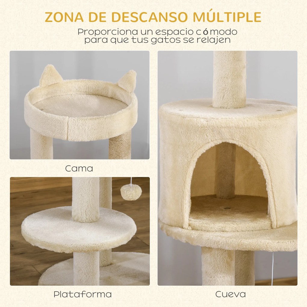PawHut 104 cm Kočičí Škrabadlo s Platformami a Visící Kuličkou 48x48x104 cm Krémové