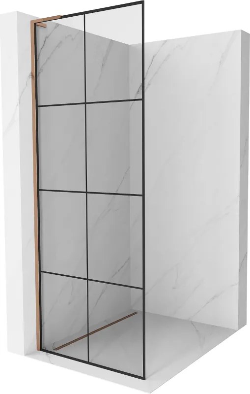 Mexen Kioto L, sprchová zástěna Walk-In 90 x 200 cm, 8mm čiré sklo černý vzor, růžové zlato profil, 800-090-103-60-77