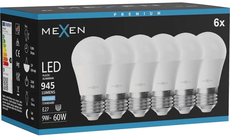 Mexen Nova 6x LED žárovka E27, G45, 9W, Studená - 6500K, 945 lm - L101-E27-0965-01x06
