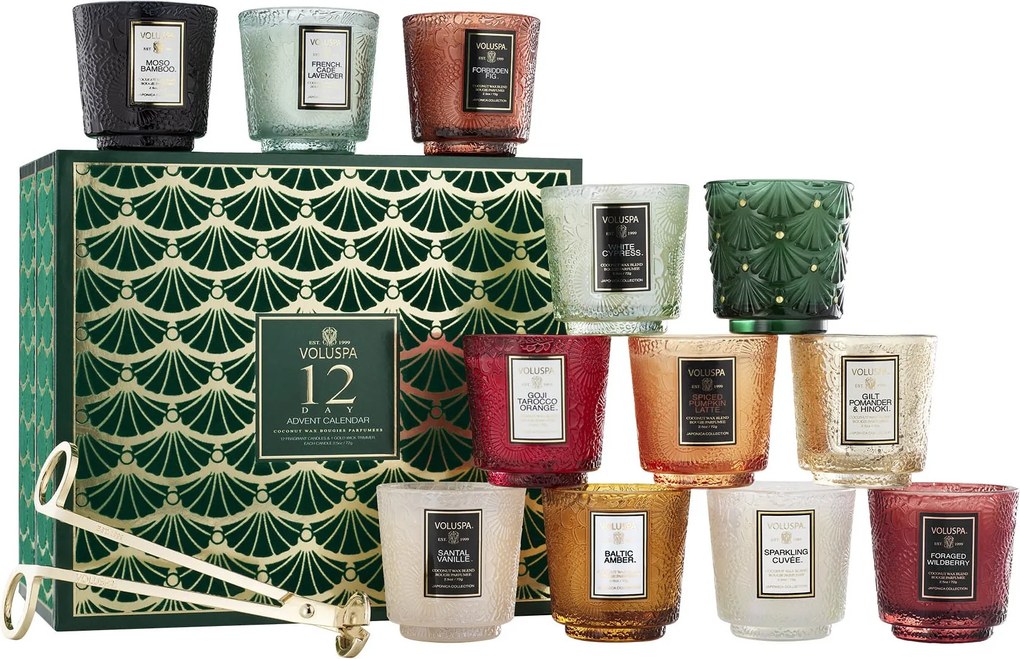 Voluspa 12denní adventní kalendář Holiday se zlatými nůžkami, 12×72 g