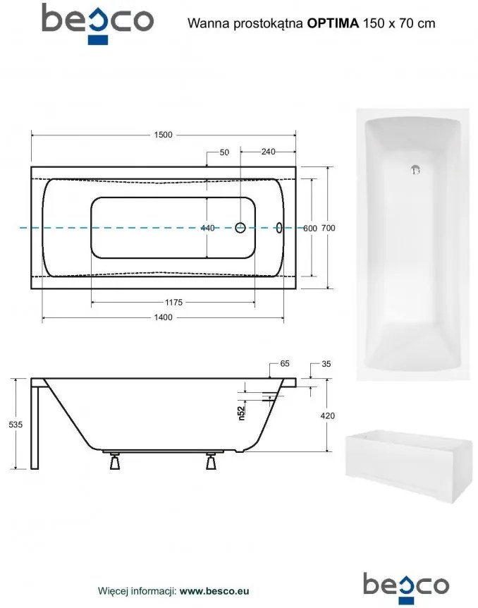 BESCO Obdélníková vana OPTIMA Nožičky k vaně - S nožičkami, Rozměr vany - 150 × 70 cm VANOPT15+OLVPINOZ