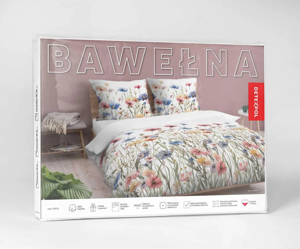 Detexpol Bavlněné povlečení 220x200 Bílé s letními lučními květy - barevné povlečení v boho stylu, 100% bavlna - 5341 A - Soft Meadow