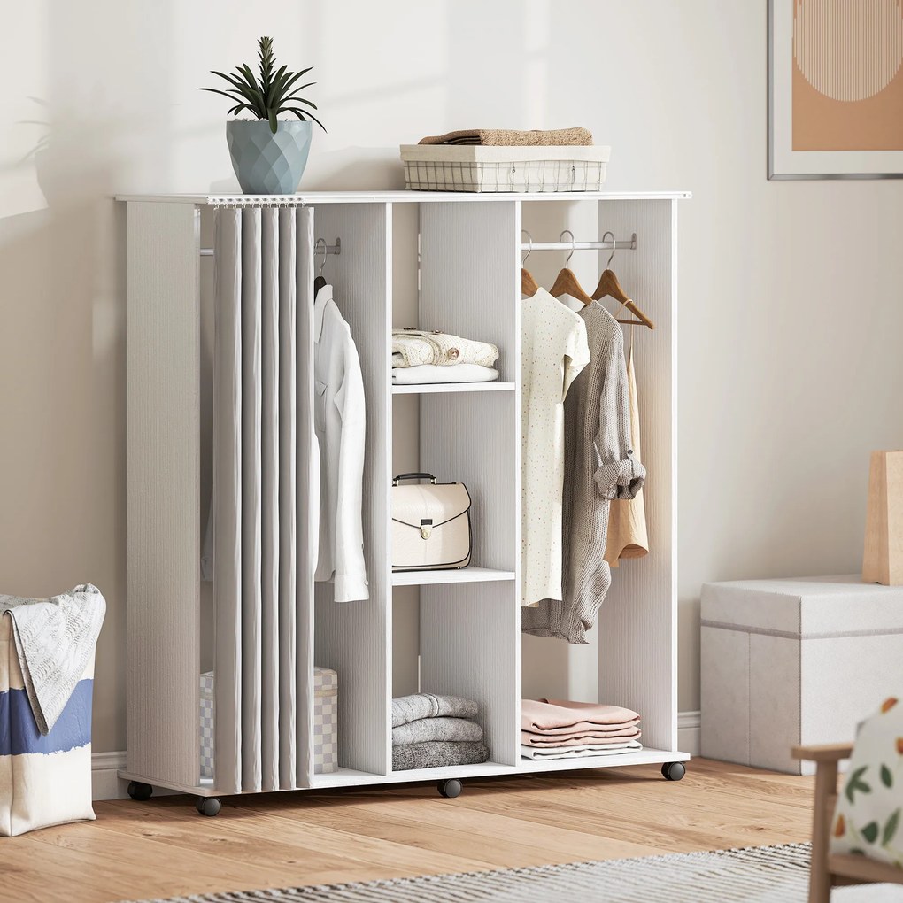 HOMCOM Šatní skříň, šatník, mobilní úložný nábytek 6 koleček 120L x 40l x 128H cm, bílý