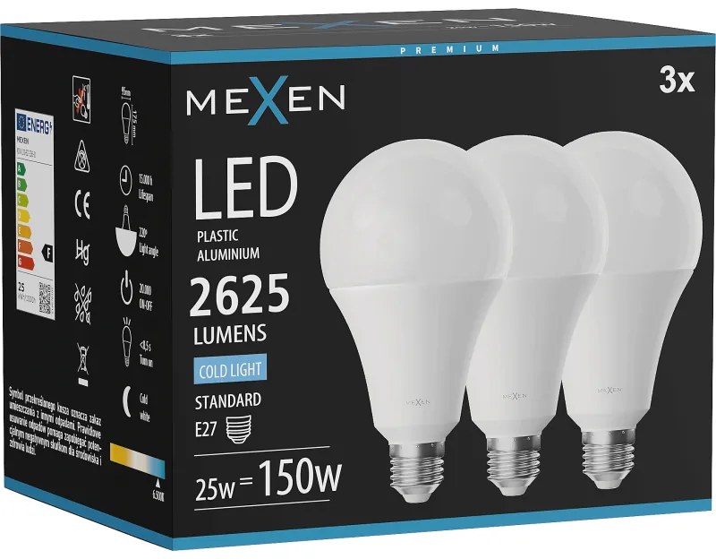 Mexen Nova 3x LED žárovka E27, A95, 25W, Studená - 6500K, 2625 lm - L100-E27-2565-01x03