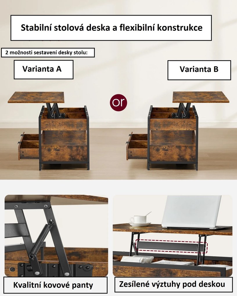 Vasagle Konferenční stolek se zvedací deskou a úložným prostorem, rustikální hnědá LCT209K01