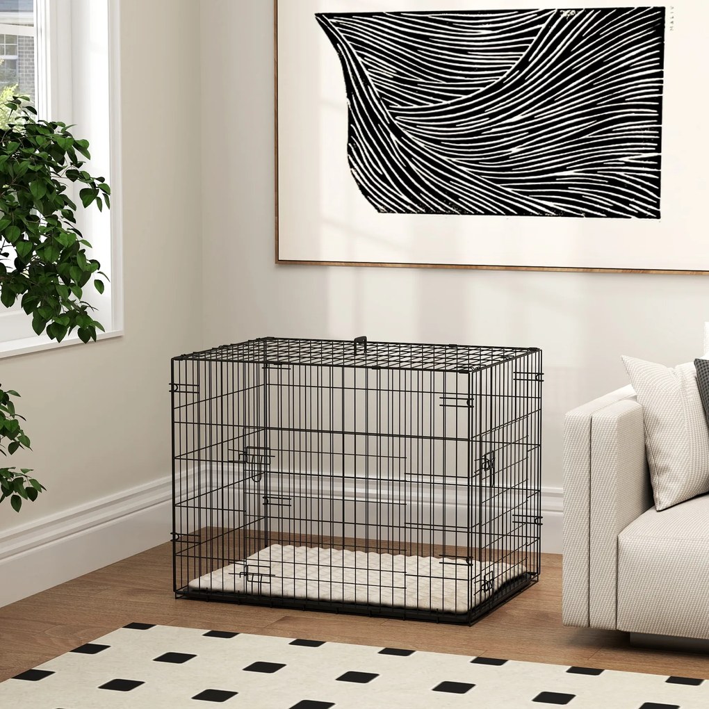 PawHut Klec pro psy, skládací přepravní klec se 2 dveřmi, odnímatelný tác, pratelné měkké polstrování, ocelový rám, 76 x 53 x 60 cm, černá