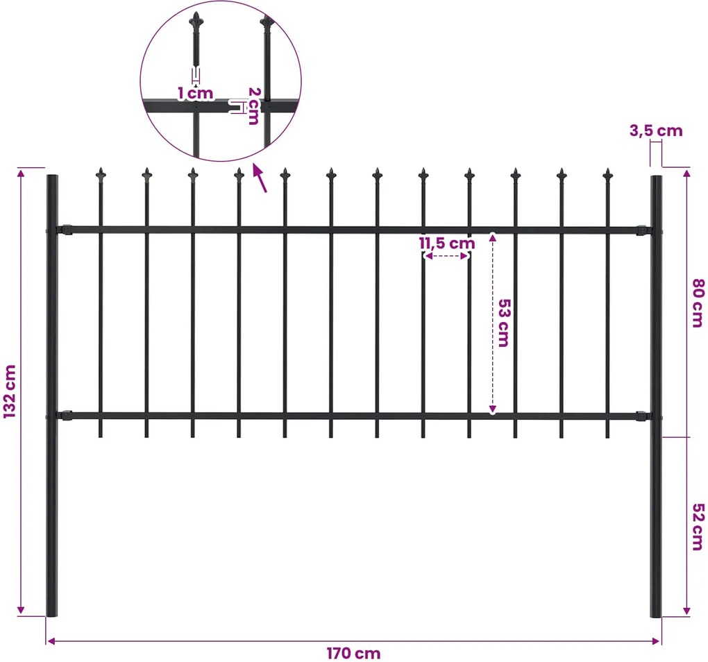 Zahradní plot Woerden s kopím nahoře ocelový 170 x 80 cm černý 144924