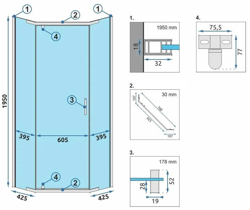 Pětiúhelníkový sprchový kout REA AXIN 90x90 cm, chrom/transparent + vanička Diamond černá