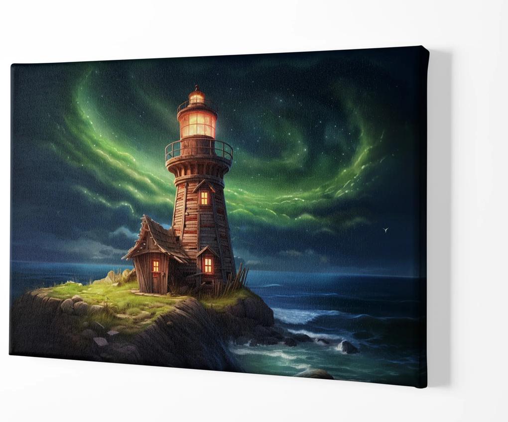 Obraz na plátně - Dřevěný Maják a magická polární záře FeelHappy.cz Velikost obrazu: 120 x 80 cm
