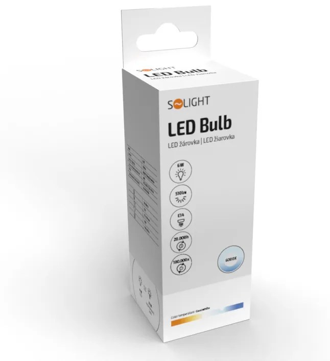 SOLIGHT LED žárovka svíčka matná C37 6W, E14, 6000K, 510lm